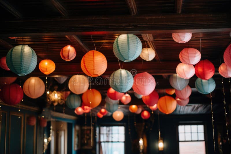 Festive Paper Lanterns Hanging from the Ceiling Stock Image - Image of ...