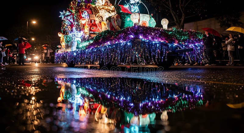 Festive Parade Float Illuminated at Night with Reflection in Puddle ...