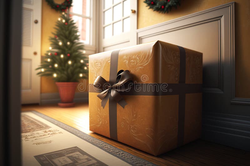 Festive Parcel Delivery at the Doorstep with a Christmas Theme Stock ...