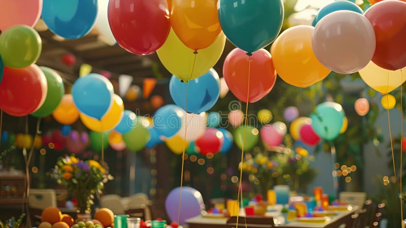 A Festive Party Setting with Strings of Floating Inflatable Balloons ...