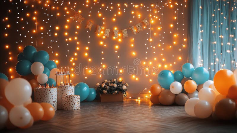 Festive Party Setup with Balloons and Lights in a Decorated Room Stock ...