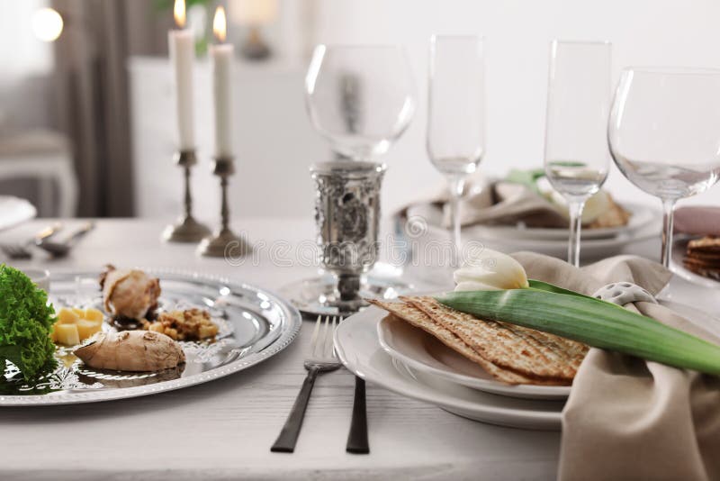 Festive Passover Table Setting at Home. Stock Photo - Image of matza ...