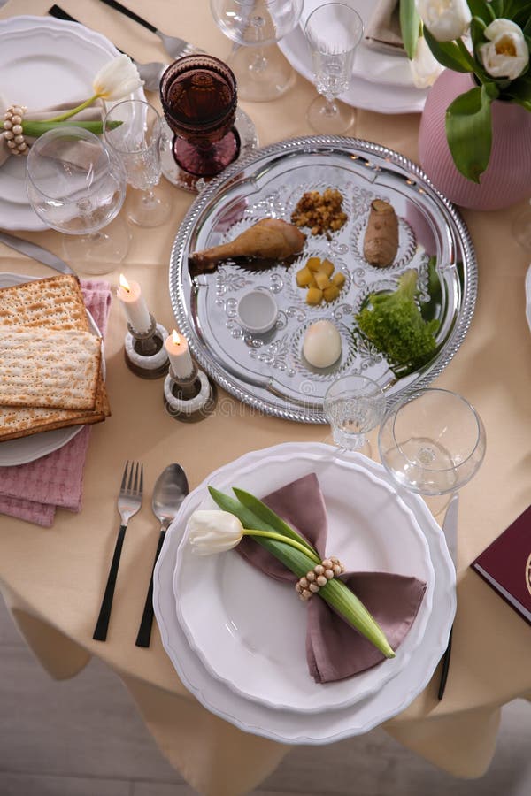 Festive Passover Table Setting, Top View. Stock Image - Image of ...