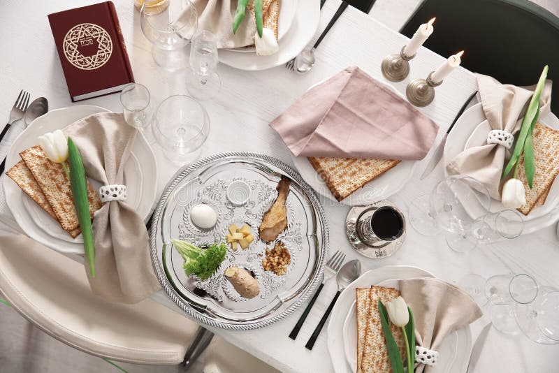 Festive Passover Table Setting with Torah, Top View. Stock Image ...