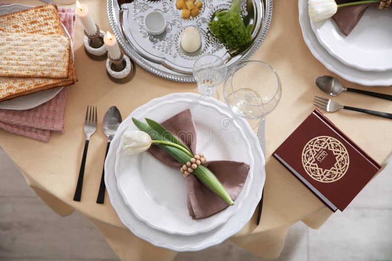Festive Passover Table Setting with Torah, Top View. Stock Photo ...