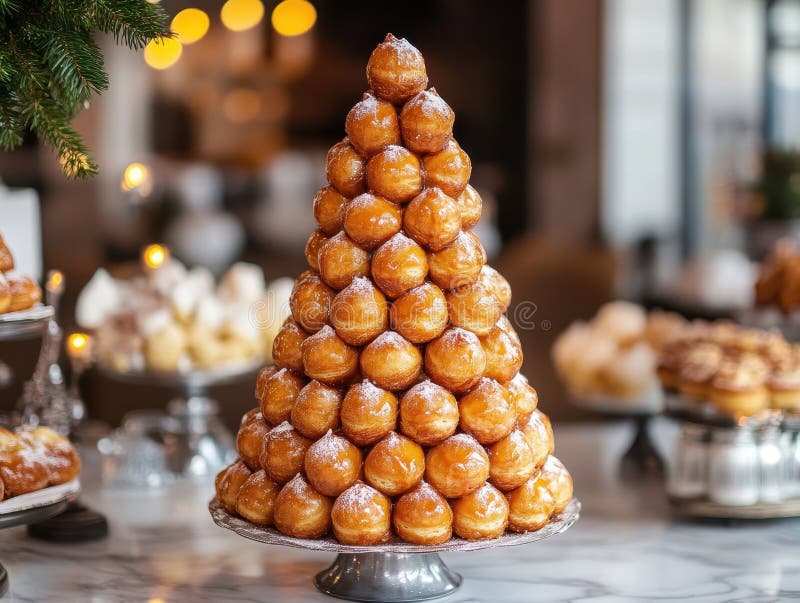 A Festive Pastry Display Featuring a Tower of Cream Puffs Dusted with ...