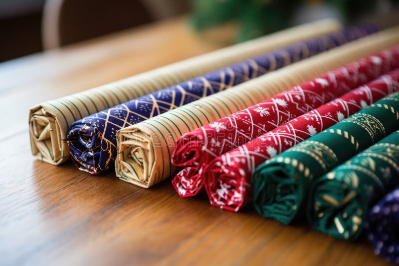 Festive Patterned Gift Wrap Rolls Aligned on a Table Stock Photo ...