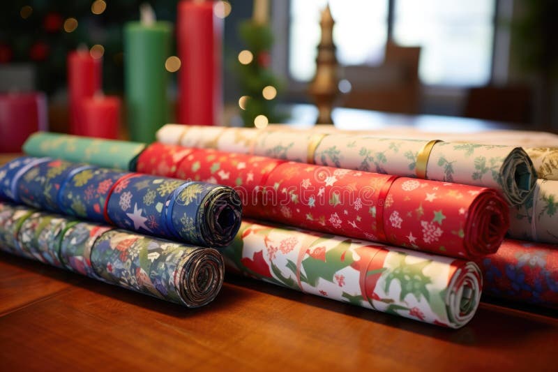 Festive Patterned Gift Wrap Rolls Aligned on a Table Stock Photo ...