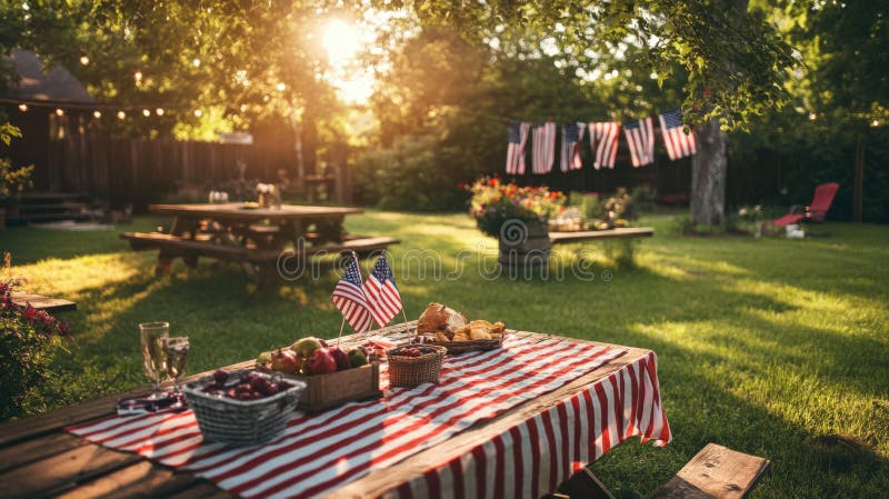 Festive Picnic Table with American Flags and Food Stock Illustration ...