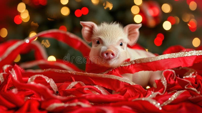 Festive Piglet with Christmas Lights and Red Ribbons. Stock Photo ...