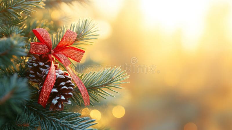Festive Pine Branch Adorned with Pinecone and Bow Stock Illustration ...