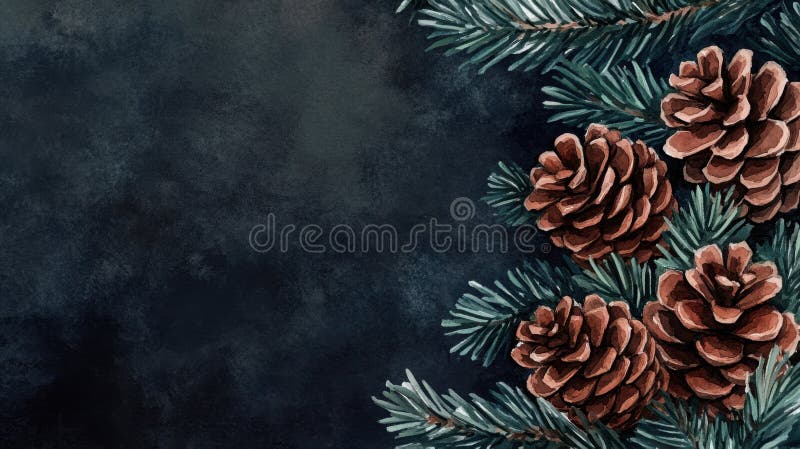 Festive Pine Cones and Fir Branches on Dark Watercolor Background Stock ...