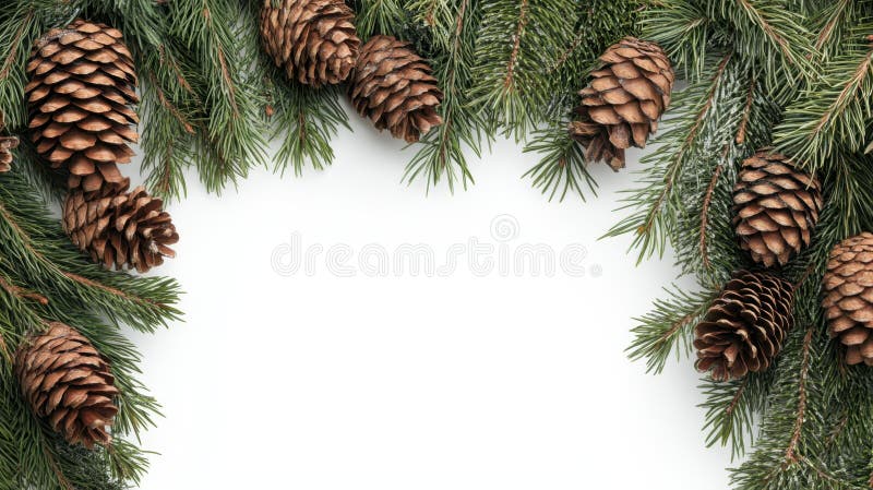 Festive Pine Cones and Greenery Frame on White Background Stock Image ...