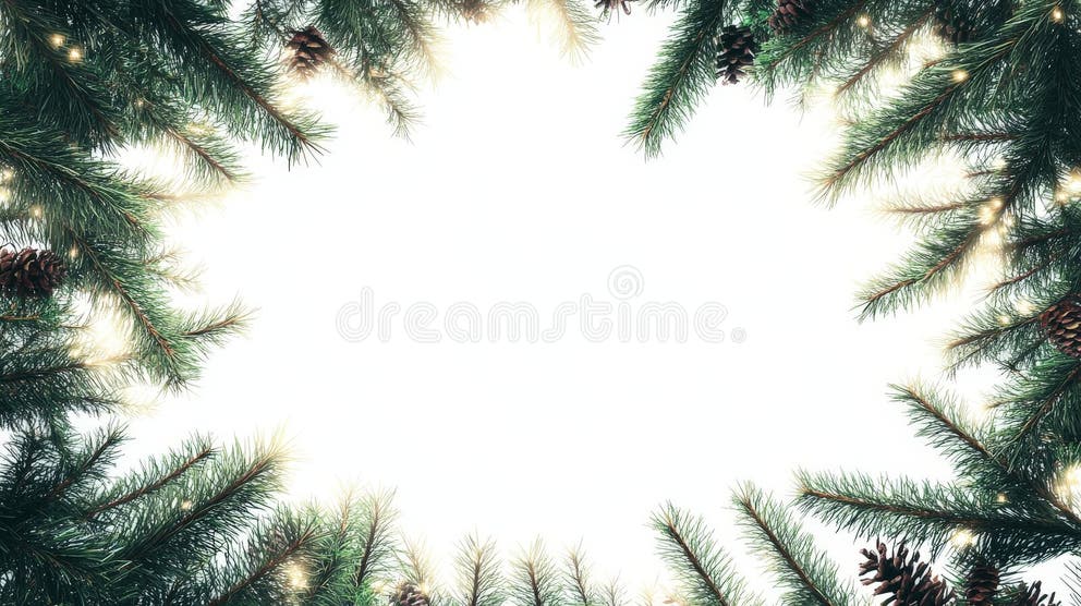 Festive Pine Tree Border with Twinkling Lights and Pine Cones Stock ...