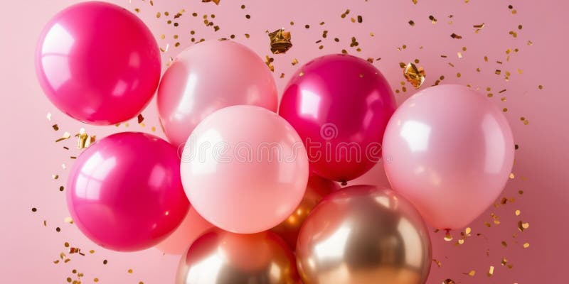 Festive Pink and Gold Balloons with Confetti on Pink Background. Stock ...