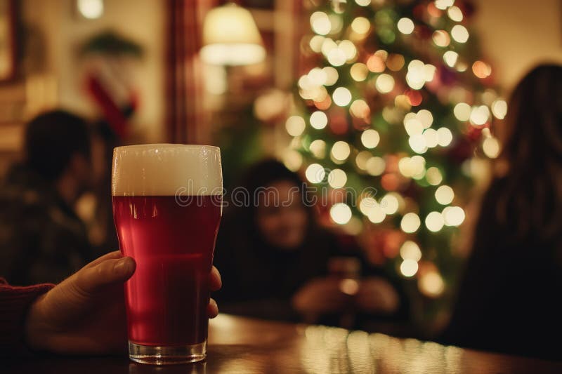 Festive Pint of Beer in Cozy Christmas Pub Setting with Friends Stock ...