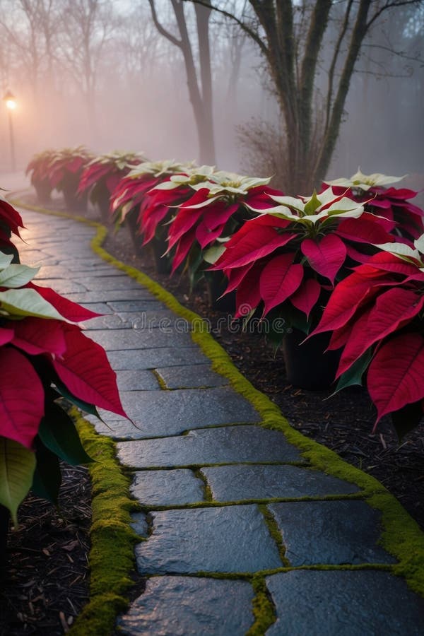 Festive Poinsettia Plants Lining a Stone Path in the Evening. Stock ...