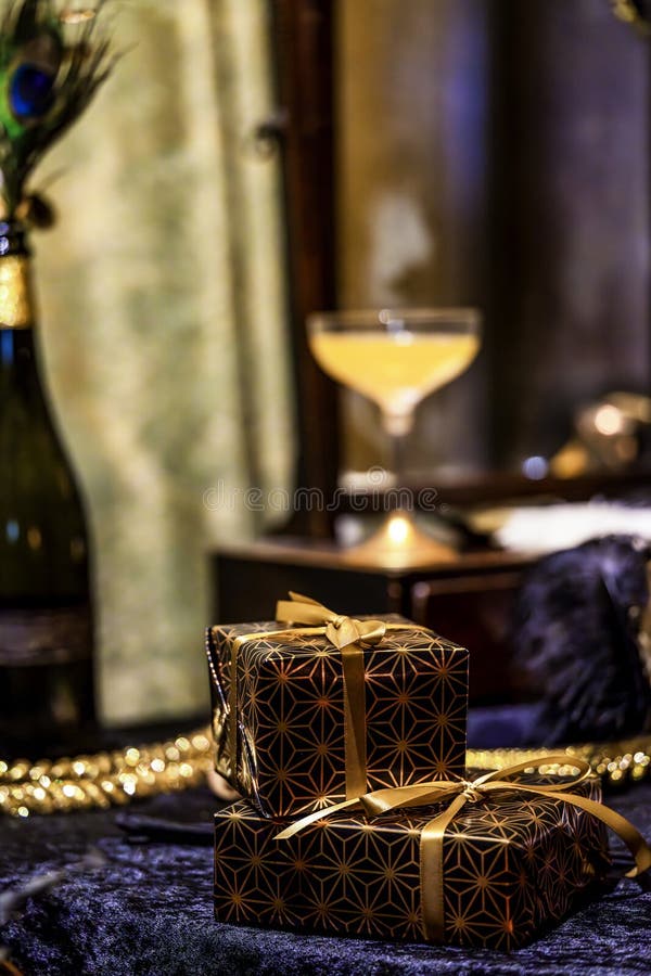 Festive Presents Amidst Opulent Backdrop (Cool Colours Stock Image ...