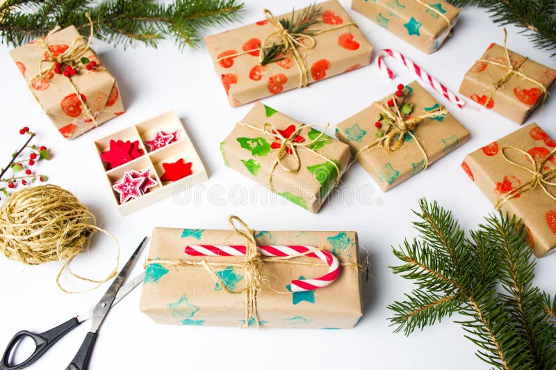 Festive Presents Boxes on a Table Stock Photo - Image of handmade ...