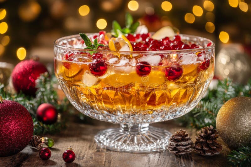 Festive Punch Bowl with Cranberries, Ice, and Mint Stock Illustration ...