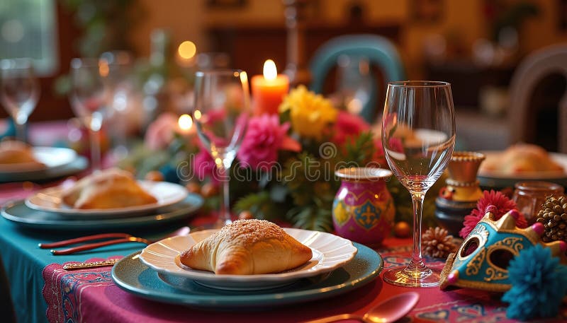 Festive Purim Table Setting with Pastries and Colorful Decorations ...