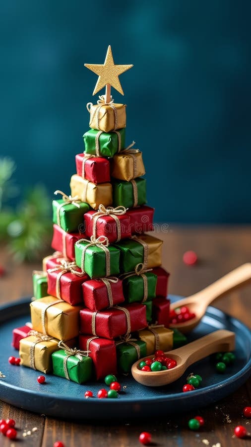 Festive Pyramid of Miniature Gift Boxes with Star Topper on Rustic ...