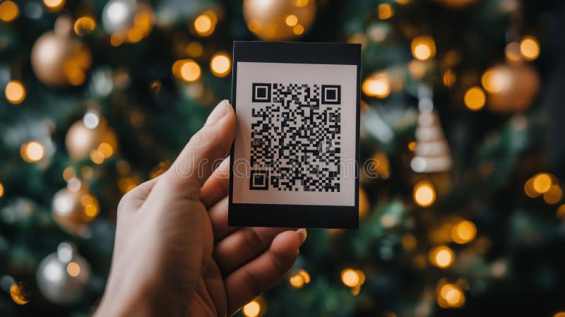 Festive QR Code Card Displayed Against a Decorated Christmas Tree ...