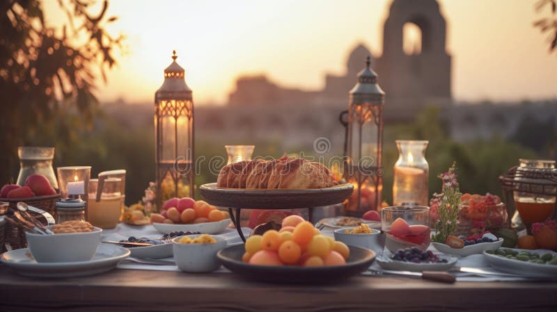 Ramadan Decor Table Iftar Breaking Fast with Traditional Food and ...