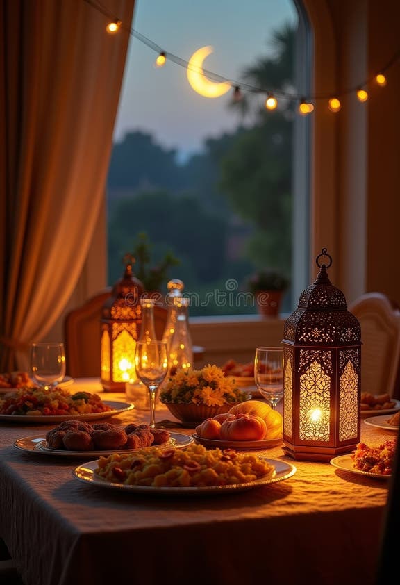 Festive Ramadan Dinner Table Setting with Lanterns and Crescent Moon ...