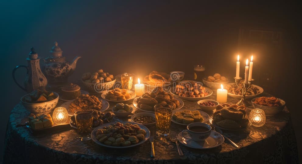 A Festive Ramadan Dinner Table Setting with Traditional Middle Eastern ...