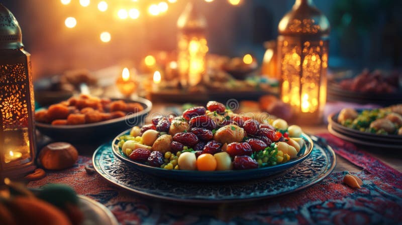 Festive Ramadan Iftar Meal Table Setting with Dates Stock Illustration ...