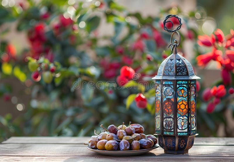 Festive Ramadan Table Setting with Dates and Lantern Stock Illustration ...