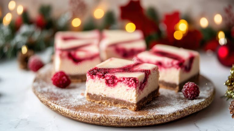 Festive Raspberry Cheesecake Squares on Elegant Plate Stock Image ...