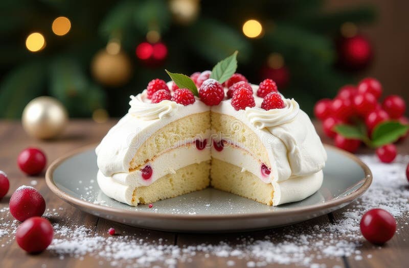 Festive Raspberry Cream Cake with Holiday Decorations Stock Photo ...