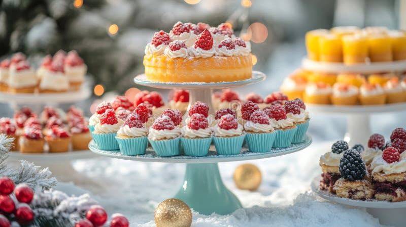 Festive Raspberry and Cream Cakes Winter Wonderland Display Stock ...