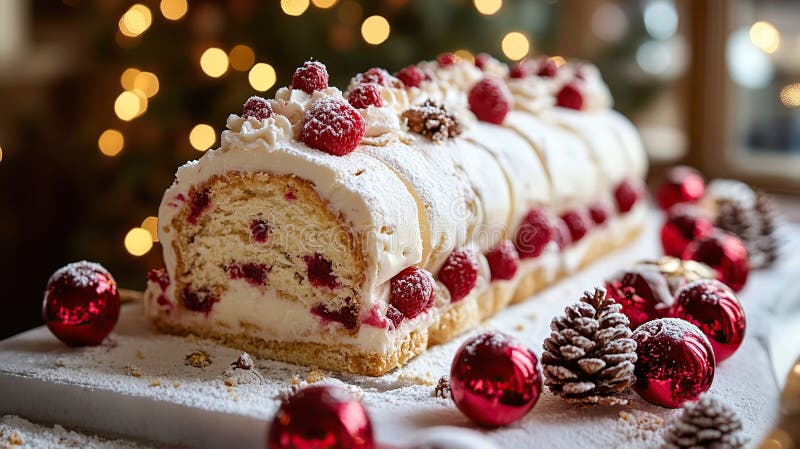 Festive Raspberry Log Dessert, Christmas Lights Background Stock ...