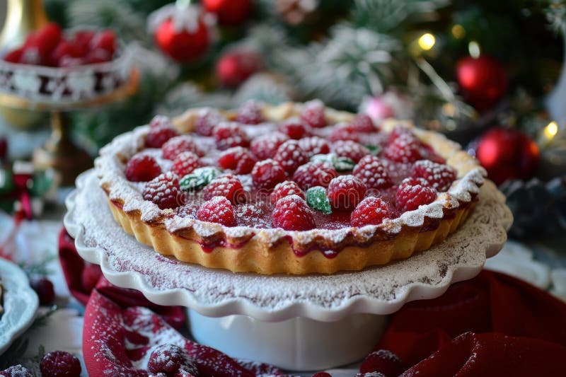 Festive Raspberry Tart on Christmas Table Stock Image - Image of ...