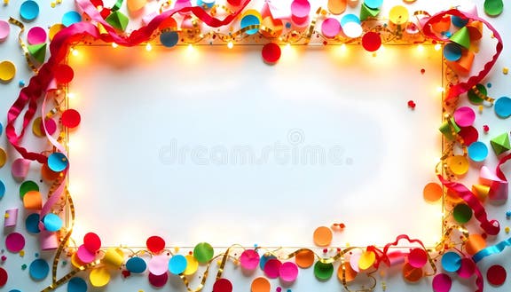 Festive Rectangular Frame with Colorful Confetti and Streamers on White ...