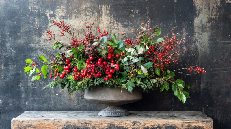 Festive Red Berry and Greenery Arrangement in Urn Stock Illustration ...