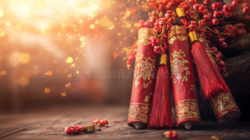 Festive Red Chinese Firecrackers Decorated for Celebrations Stock ...
