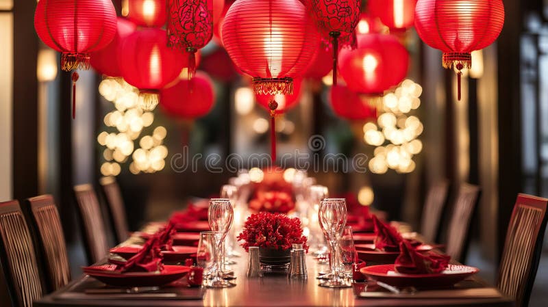 Festive Red Chinese New Year Dinner Table Setting with Lanterns Stock ...