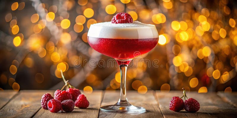 Festive Red Cocktail with Raspberry Garnish on Wooden Table. Generative ...