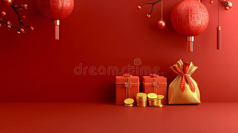 Festive Red Decor with Gifts and Gold Coins Stock Illustration ...