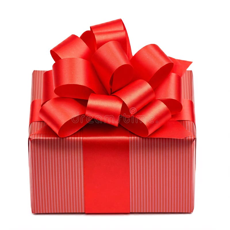 A Festive Red Gift Box Wrapped in Striped Paper with a Large Red Bow ...