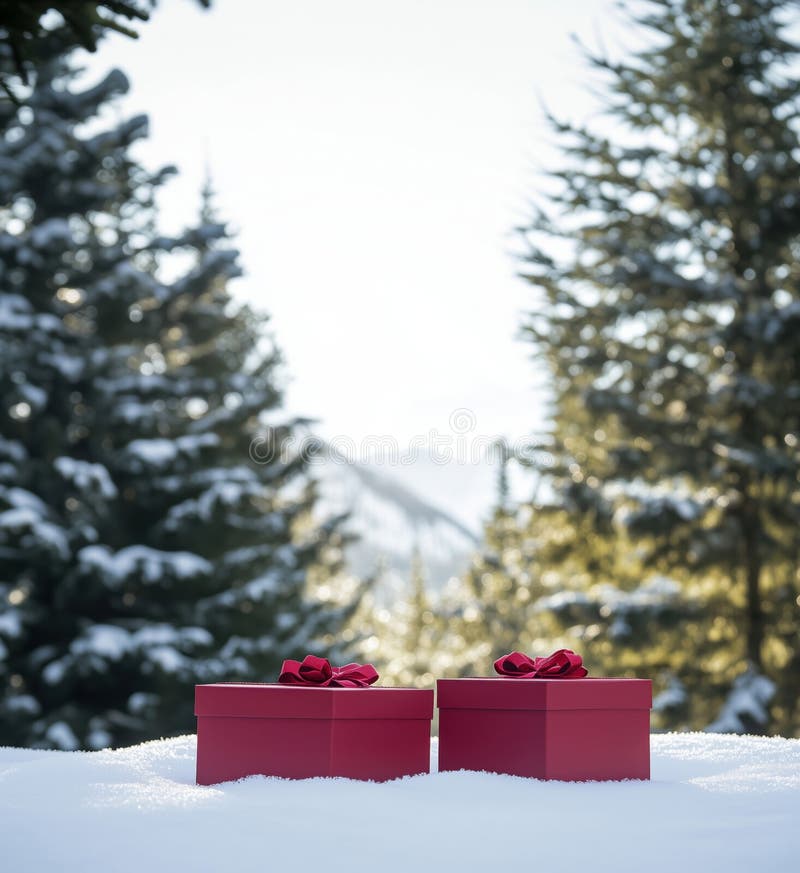Festive Red Gift Boxes in Snowy Landscape Surrounded by Evergreen Trees ...