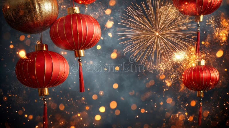 Festive Red Lanterns Celebrate Lunar New Year Fireworks Stock ...