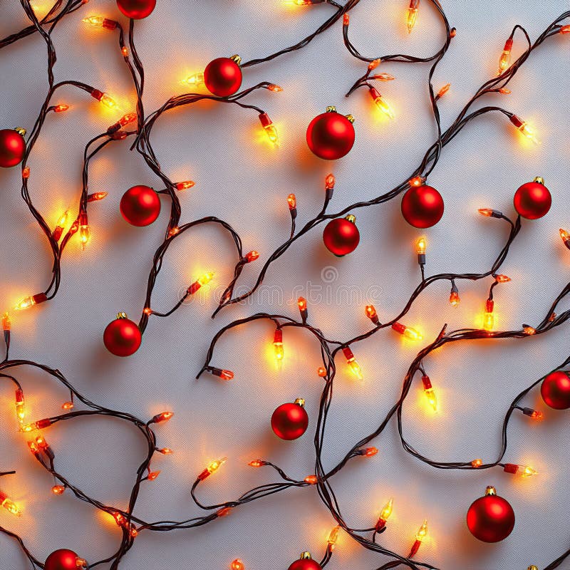 Festive Red Ornaments and Warm Yellow String Lights on a White ...