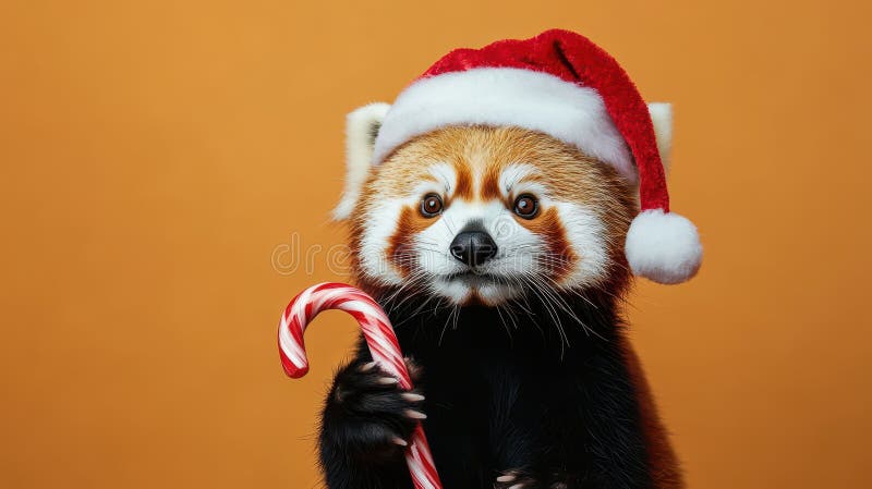 Festive Red Panda with Candy Cane Wearing Santa Hat for Christmas Stock ...