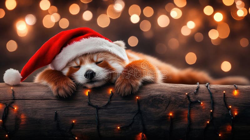 Festive Red Panda Sleeping with Santa Hat and Christmas Lights Stock ...