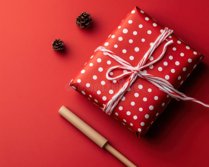 Festive Red Polka Dot Gift Wrap with White String and Pine Cones, a ...